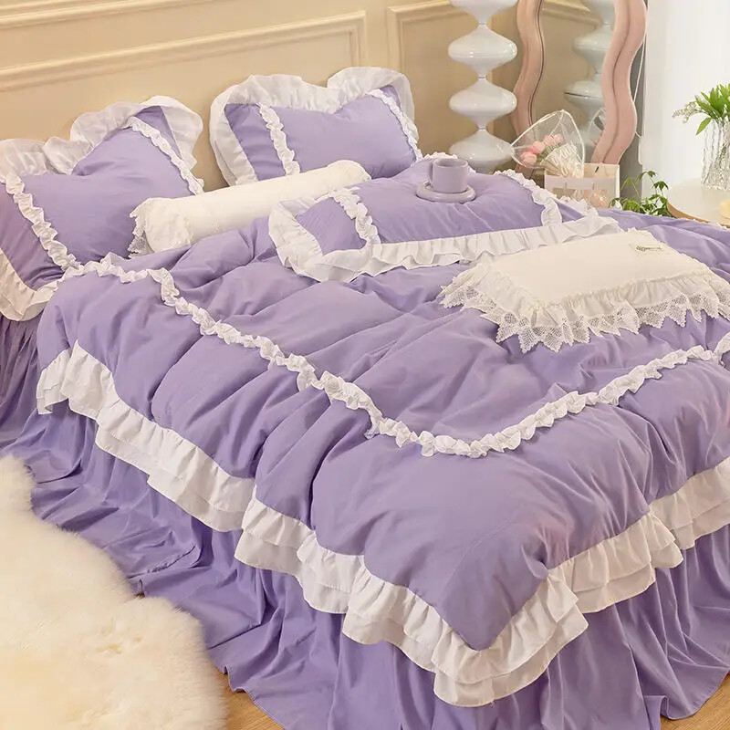 Princess Bedding Set Ruffle Lace Bed Skirt Duvet Cover Pillowcases Home ...