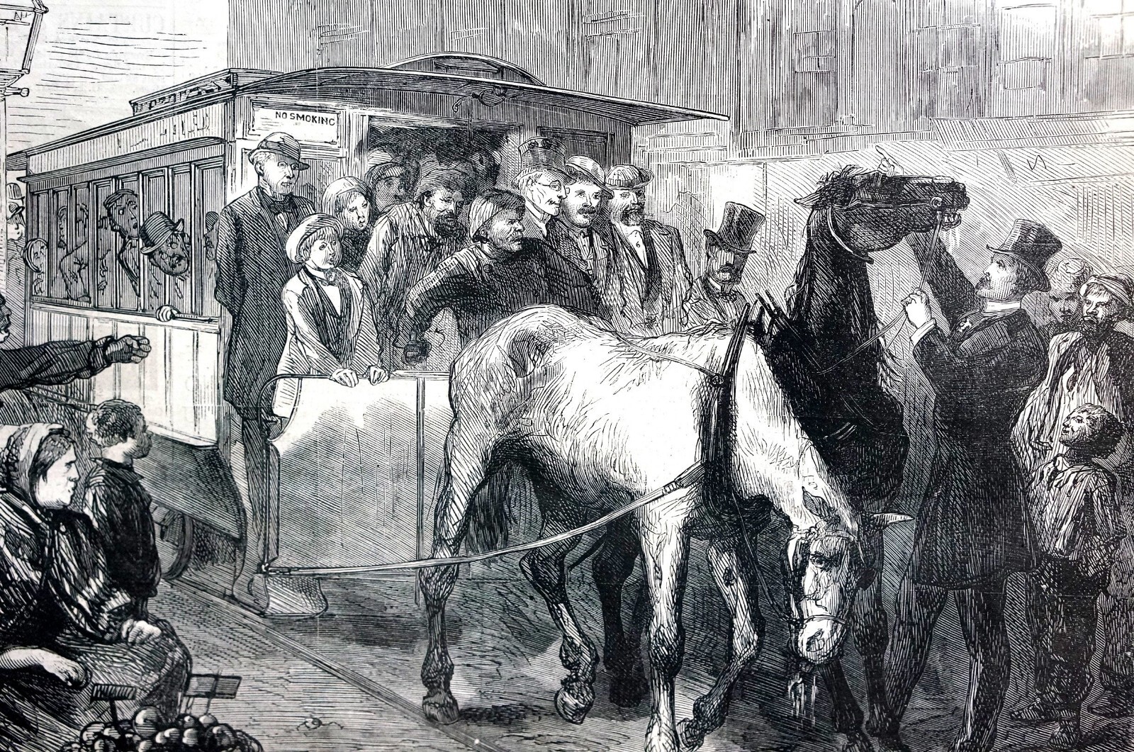 Crowded Cable Car 1872 TOWED by TEAM of HORSES Matted Antique Harper's ...