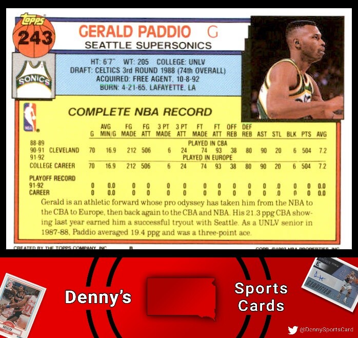 1992 Topps #243 Gerald Paddio Seattle SuperSonics Basketball Card | eBay