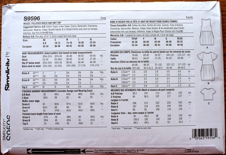 SIMPLICITY PATTERN 9596 DRESSES PULLOVER TOP MISSES SIZES XS S M L XL ...