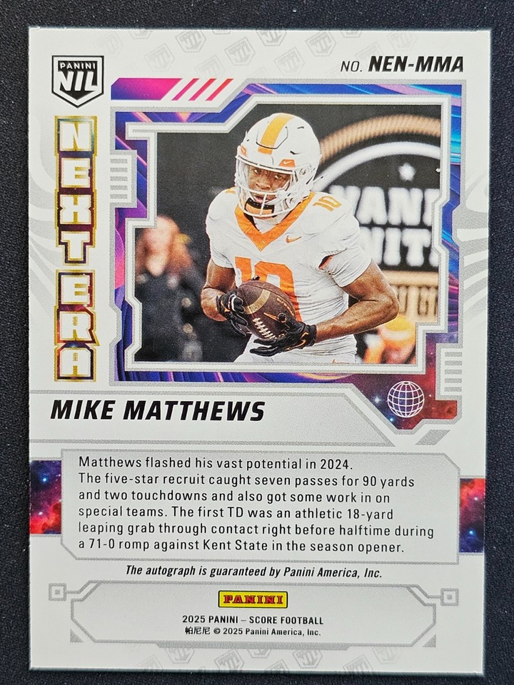 2025 Score Football Mike Matthews Next Era NIL Auto Tennessee ...