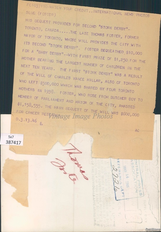1946 Toronto Canada Thomas Foster Former Mayor Stork Derby 5X7 Vintage ...