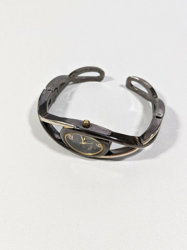 Vivani Black Gold Tone Open Cuff Cut Out Hinge Bracelet Band Watch 7 ...