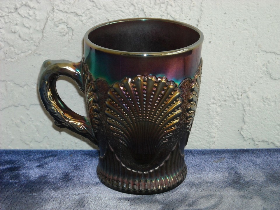 Vintage Dugan Beaded Shell Carnival Glass Mug Amethyst (?) Blue (?) | eBay