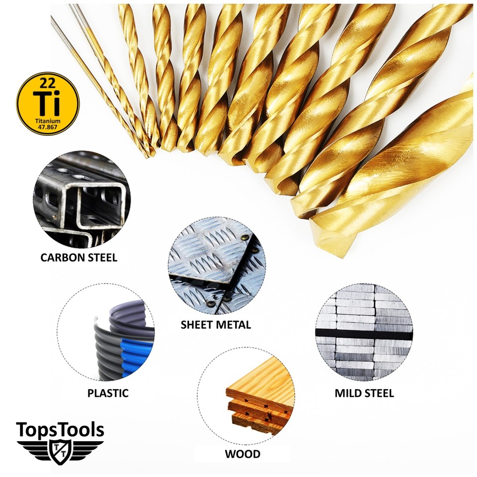 TopsTools 100pcs 1mm - 10mm Titanium Coated HSS Twist Drill Bits ...