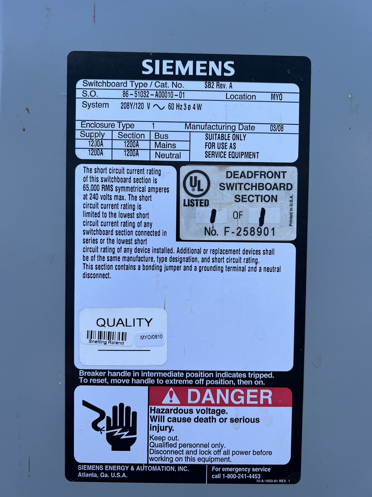 Siemens 1200 Amp Main Breaker Enclosure 208/120V 3P 4W Indoor New ...