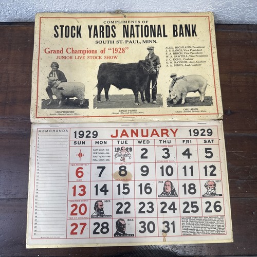 1929 Advertising Calendar Stock Yards National Bank South St Paul ...
