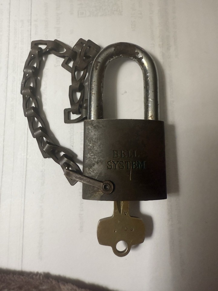 Vintage Bell System Best Padlock Brass Lock with Heavy Duty Chain & Key ...