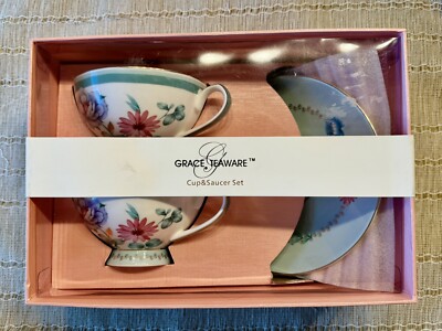 Grace Teaware Boxed Gift Set 2 Tea Cups And Saucers Teal Floral Pattern ...