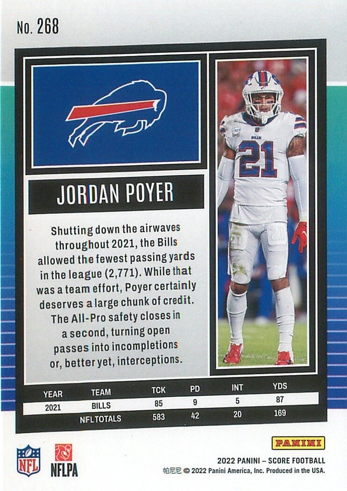 Jordan Poyer 2022 Panini Score Football NFL Base Card #268 Buffalo ...