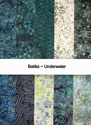 Batik Underwater Green Brown Blue Bl-Grn Cotton Fabric HALF-YARD SET ...