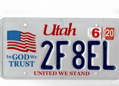 UTAH passenger 2020 license plate "2F8EL" ***IN GOD WE TRUST/UNITED WE ...