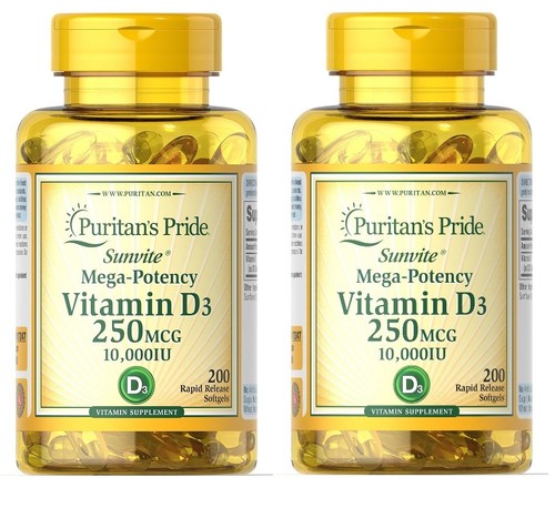 2 x 200 Puritan's Pride Vitamin D3 10000 IU Mega-Potency 400 Softgels ...