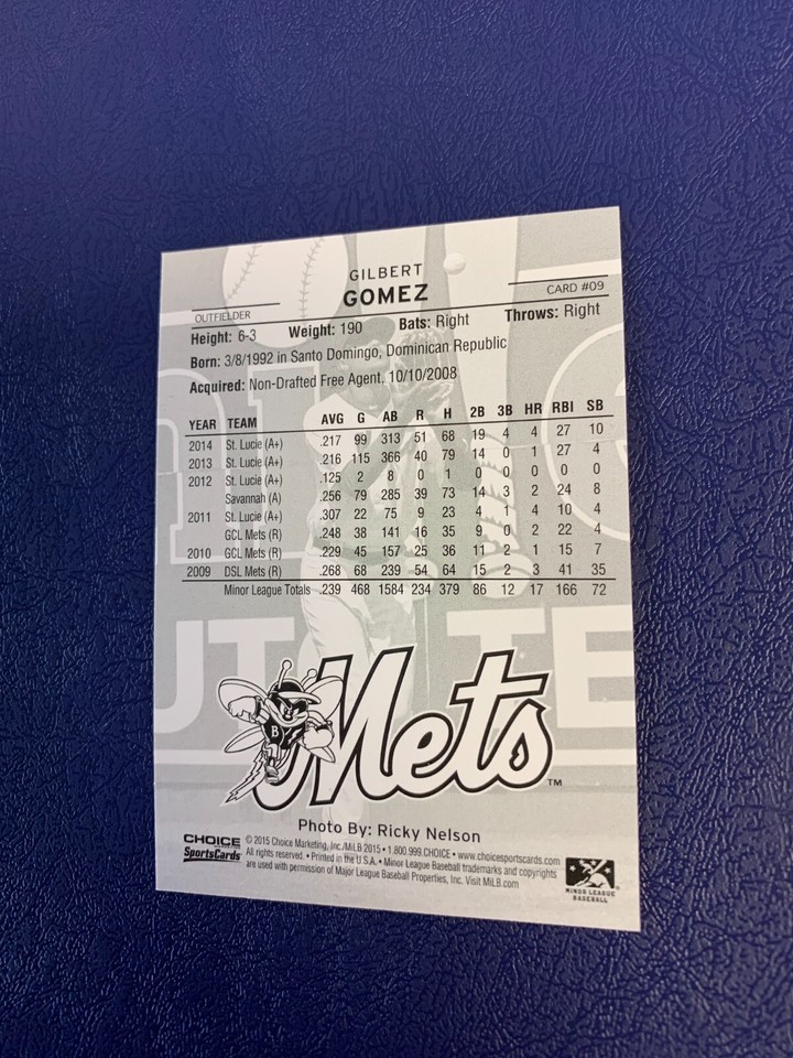 2015 Binghamton Mets Choice #9 Gilbert Gomez RC - Minor League NY Mets ...