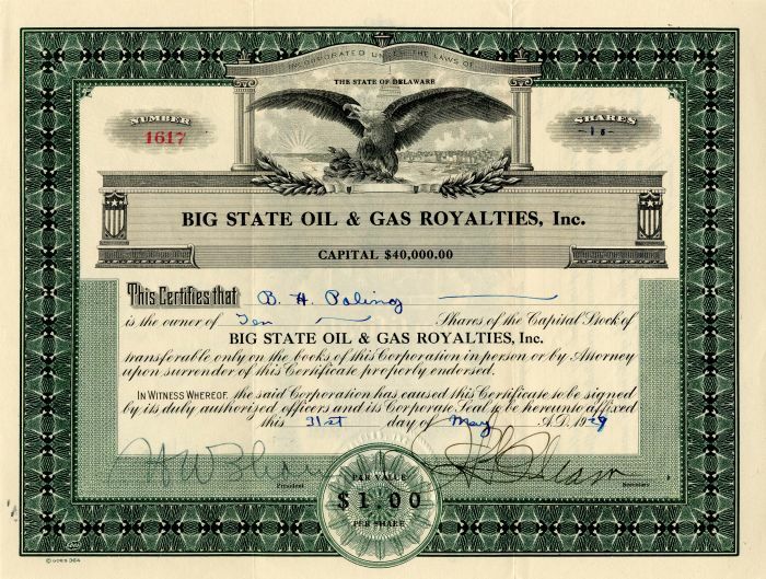 Big State Oil and Gas Royalties, Inc. - Oil Stocks and Bonds | eBay