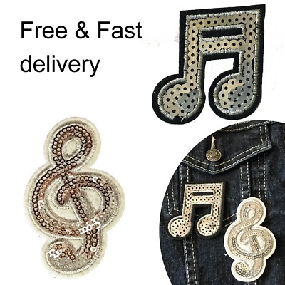 Sequin Music Iron on patch silver note treble clef melody song iron-on ...