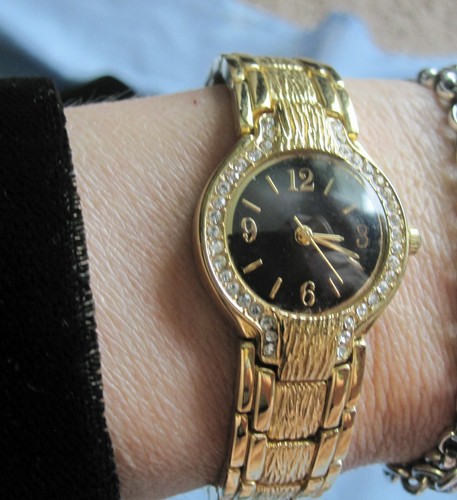 Allude Watch Gold Tone Rhinestone Black Face Link Bracelet Band 7 ...