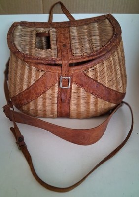 Antique Tight Weave Slant Back Wicker Fishing Creel With Leather Strap ...