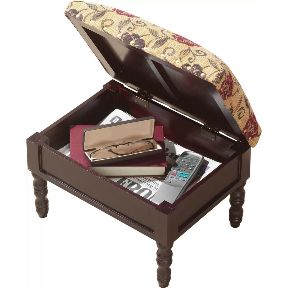 Vintage Footstool With Storage Floral Woven Fabric Padded Top Wooden ...