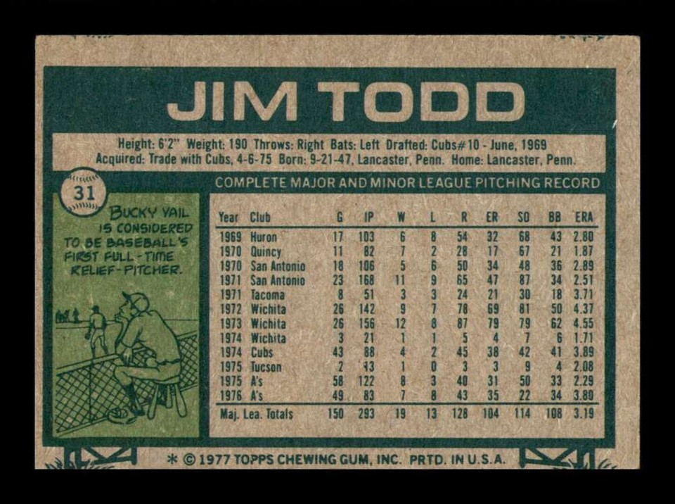 1977 Topps Jim Todd #31 Oakland Athletics | eBay