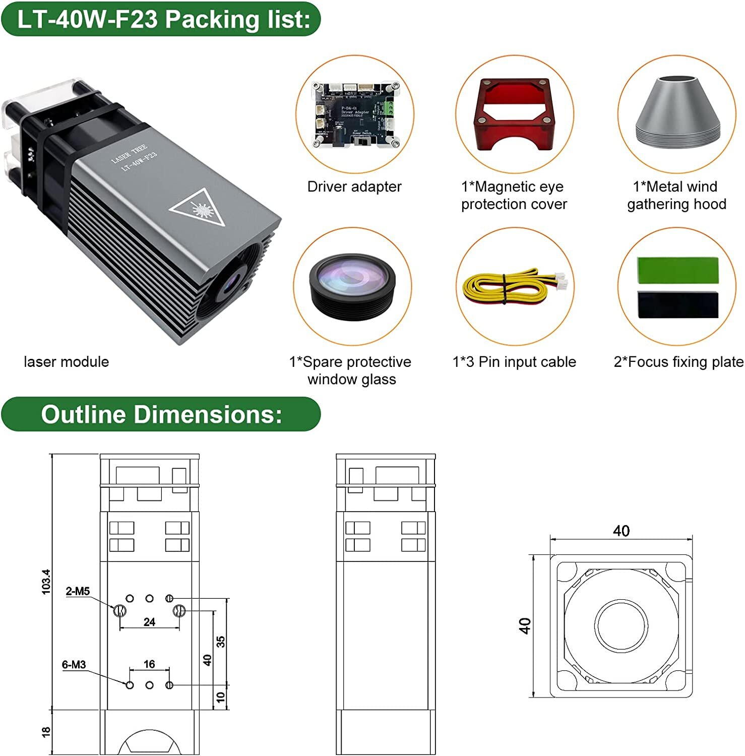 LASER TREE 40W Laser Module Head 450nm Focusable for Cutter Engraving ...