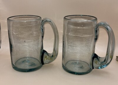 Crate & Barrel Hand Blown Glass Handled Beer Glasses (2) Clear 5.5” H ...