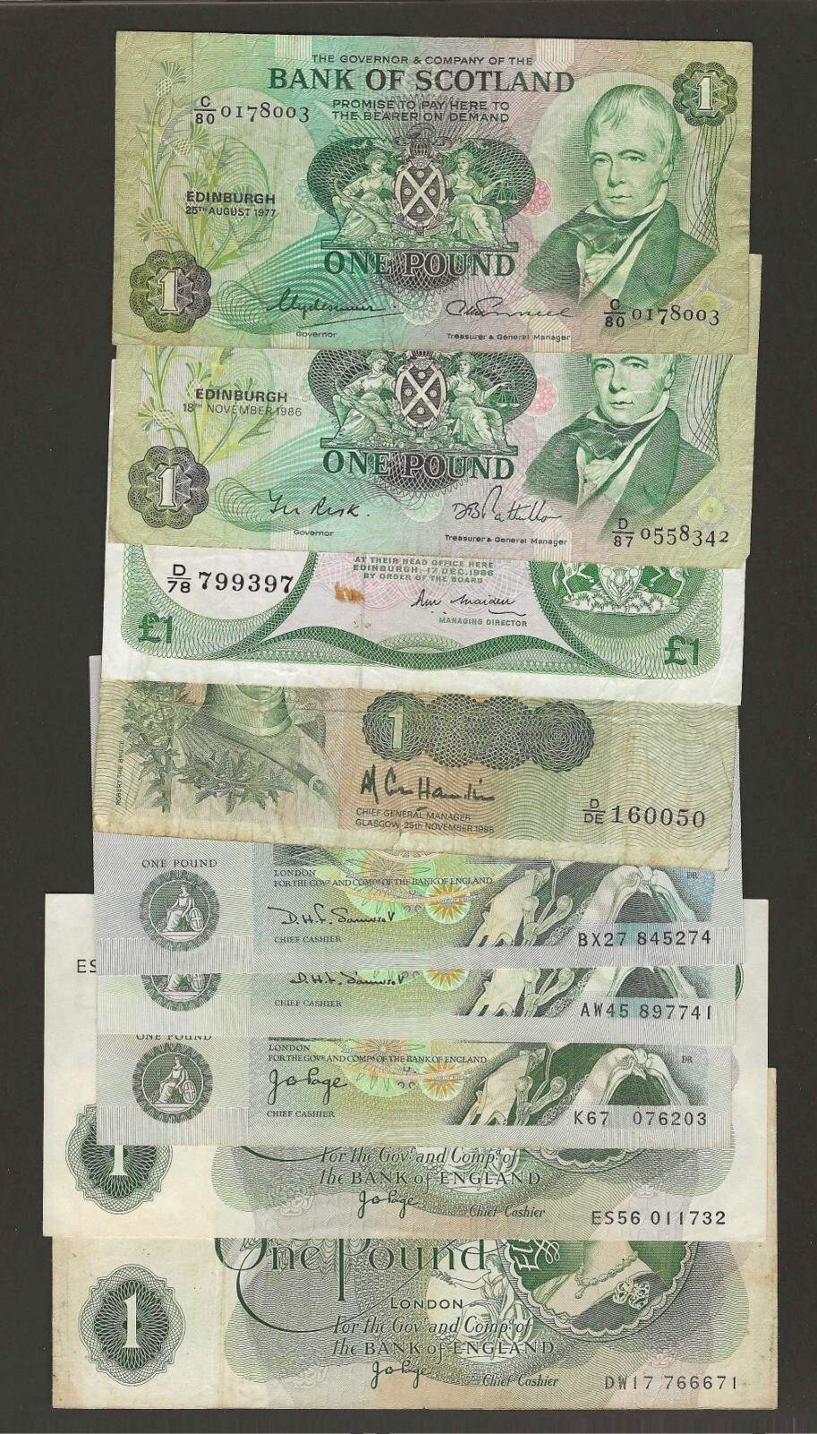 GREAT BRITAIN & SCOTLAND 1 Pound Notes, 9 Pcs 1970s-1980s, ENGLAND ...