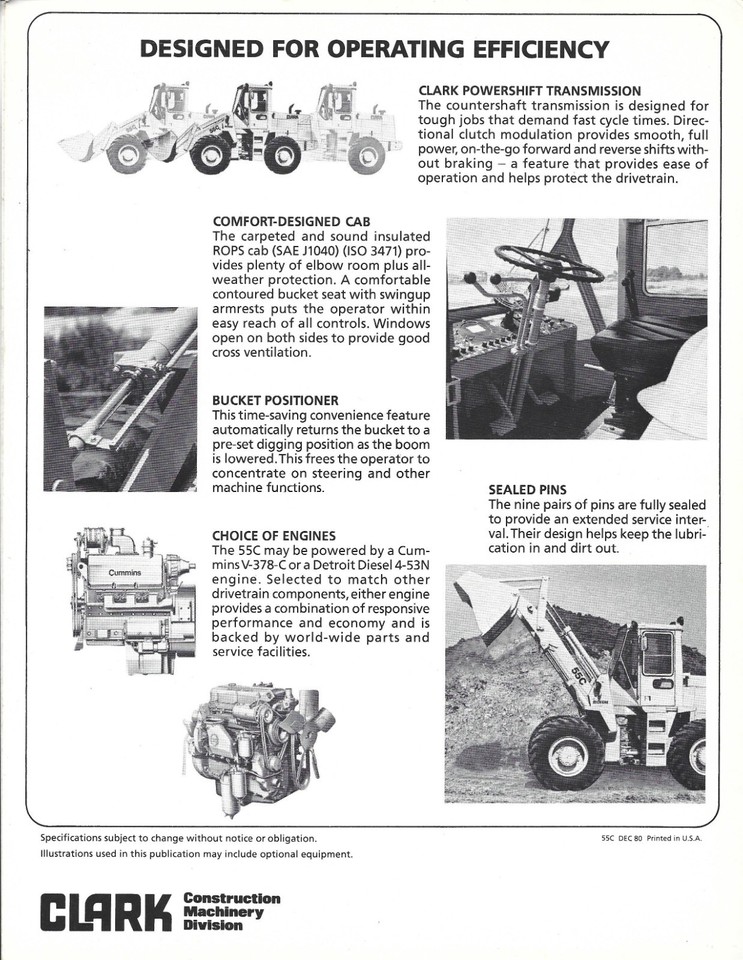 Clark Michigan 55C Wheel Loader Specifications Showroom Sales Pamphlet ...