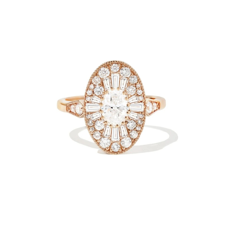 Art Deco Oval Cut Moissanite Engagement Ring 10K Gold Flower Proposal ...