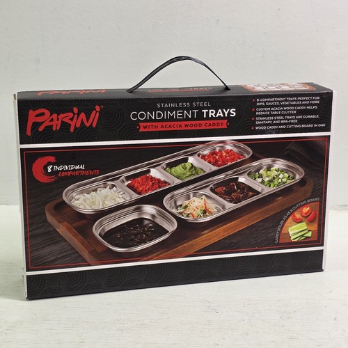 Parini Stainless Steel Condiment Tray Acacia Wood Caddy 8 Compartments ...
