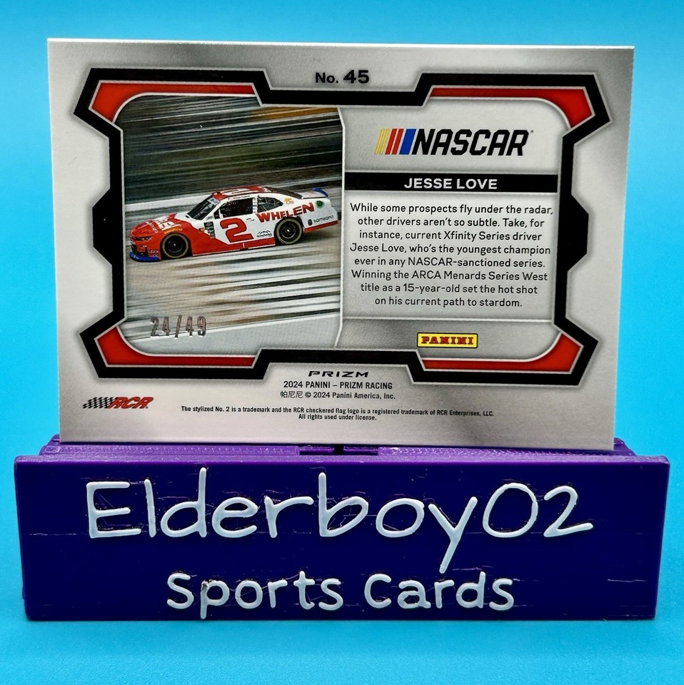 Jesse Love /49 Car Carolina Blue Prizm 2024 Panini Prizm Racing Nascar ...