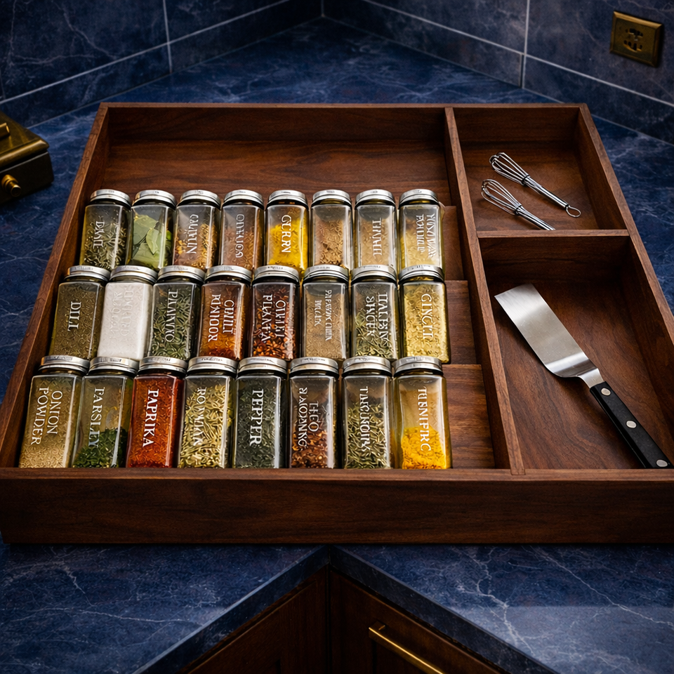 Wooden Spice Drawer Organizer Box – Multi-Compartment Kitchen Storage ...