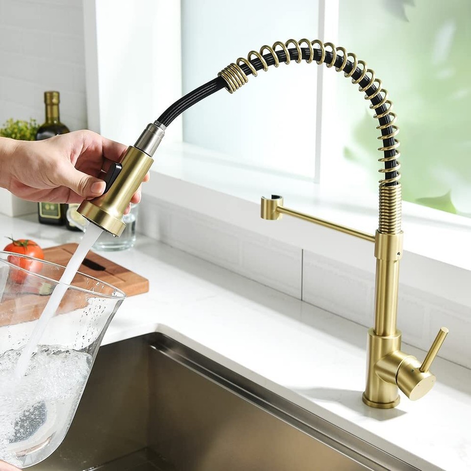 Brushed Gold Kitchen Faucet Sink Pull Down Sprayer Swivel Single Hole ...
