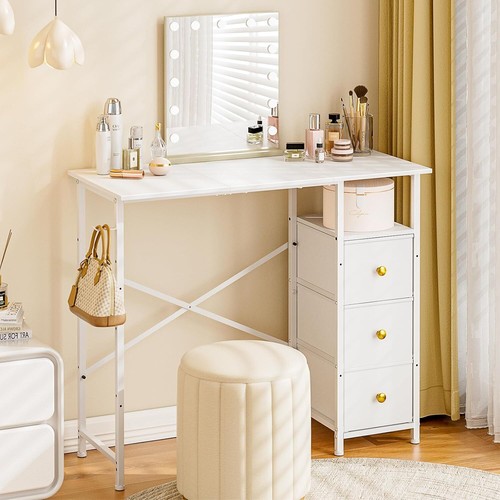 White Vanity Desk with Drawers, 35.4 Inch Compact Makeup Table for ...