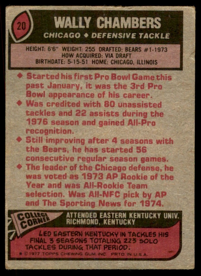 1977 Topps Wally Chambers #20 Chicago Bears CusASn FREE SHIPPING | eBay