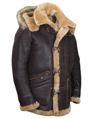 Men's B7 Flight Aviator Coat - Hooded Fur Brown Sheepskin Leather Long ...