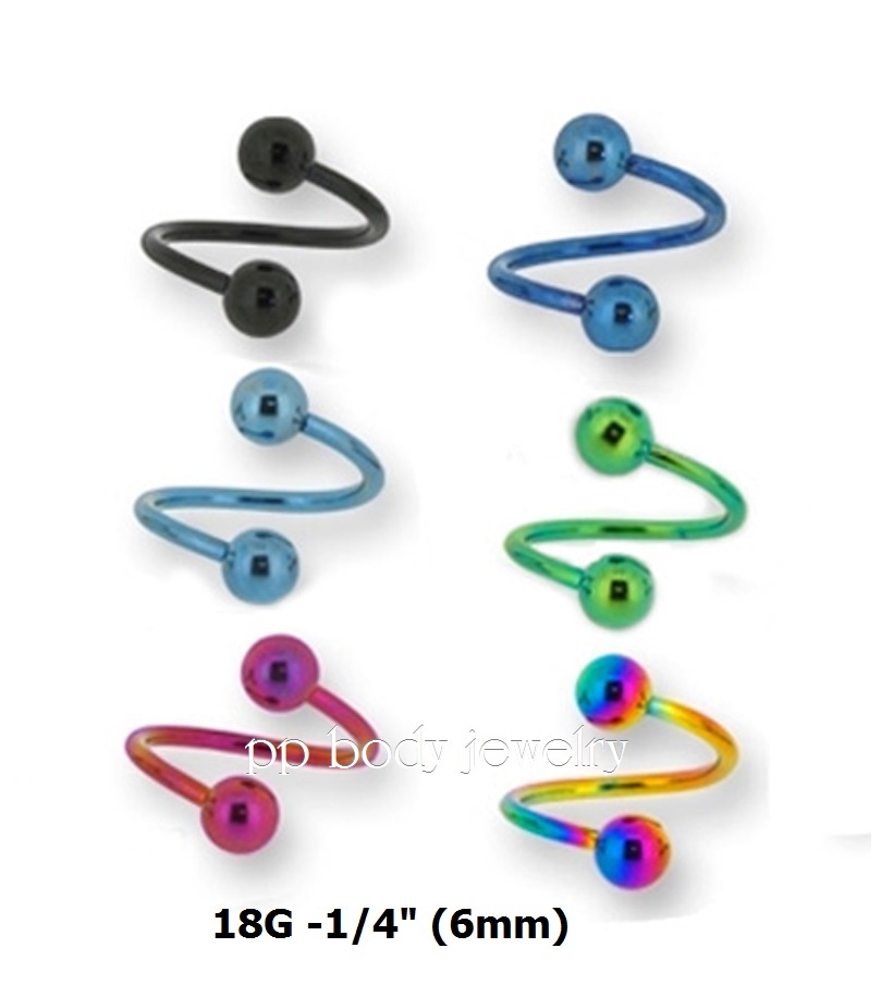 1PC. 18g~1/4" Anodized Surgical Steel Ball Spiral Twister Ear Tragus ...
