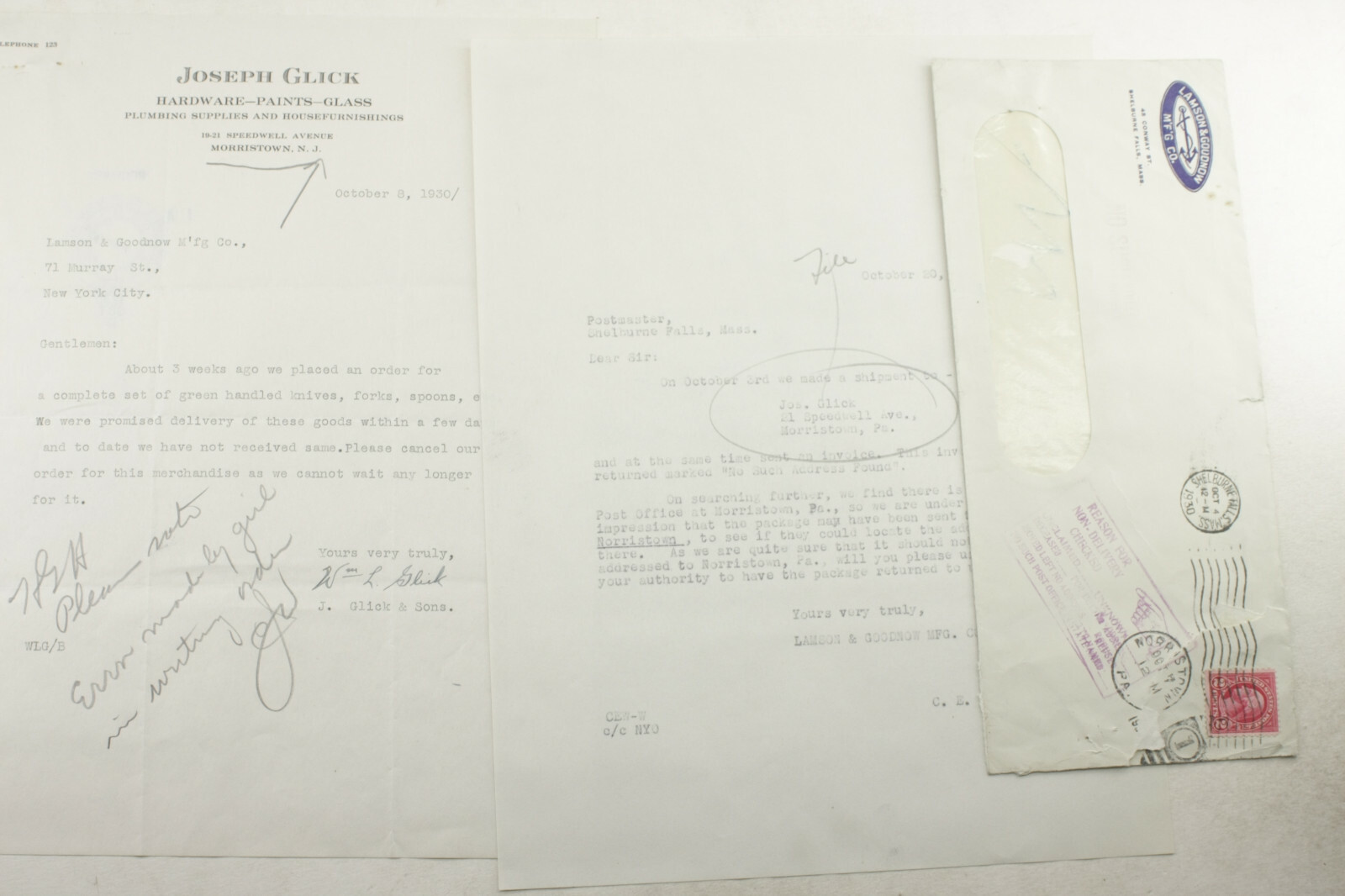 1930 Lamson Goodnow Joseph Glick Morristown NJ Hardware Stamp Ephemera ...