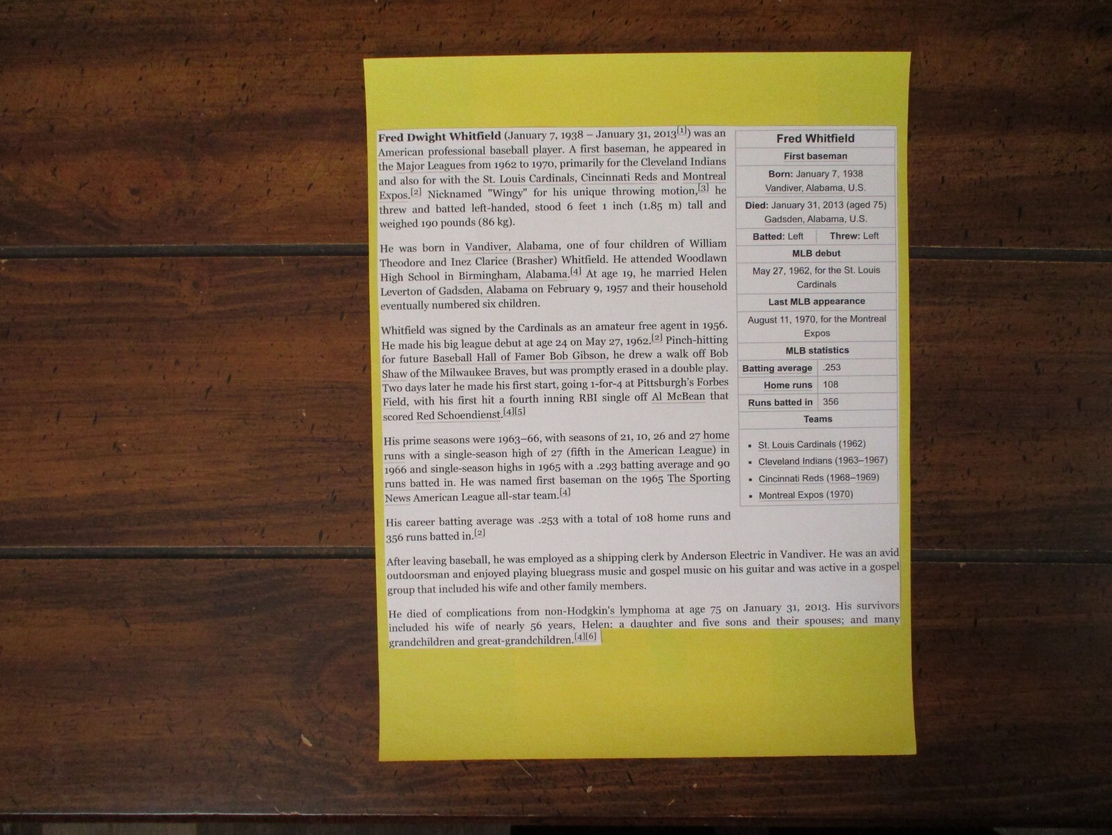 FRED WHITFIELD(D-13)Signed Trimmed Index Card w/8 x 11 Display w/1963 ...