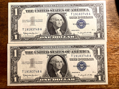 1957-B (2) Secquenitial Notes, BU $1 Silver Certificates Nice And ...