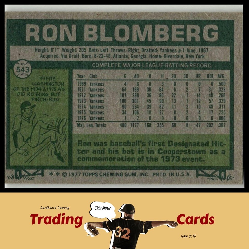 1977 Topps #543 Ron Blomberg New York Yankees Baseball Card VG/EX | eBay