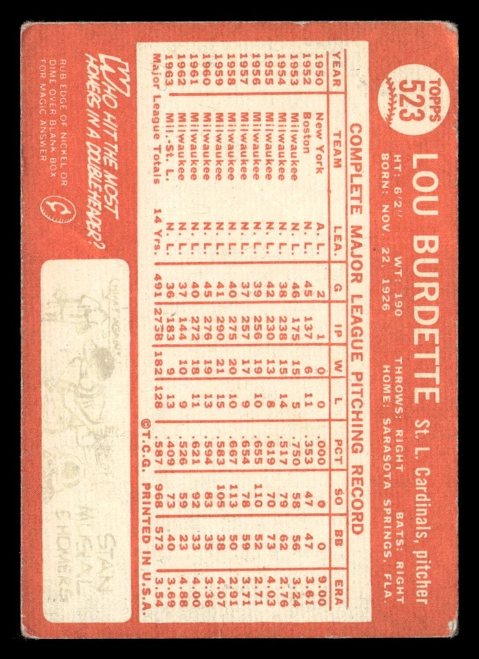 1964 Topps LOU BURDETTE #523 GD St. Louis Cardinals | eBay