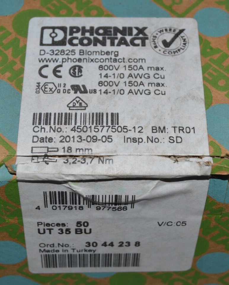 5 (Five) Phoenix Contact UT 35 UT35 BU DIN Rail Terminal Blocks Brand ...