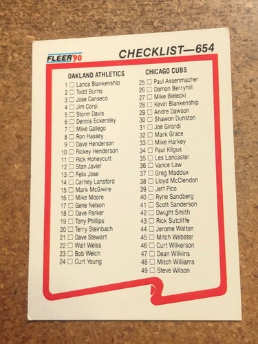 1990 Fleer Baseball # 654 Checklist Athletics-Cubs-Giants-Blue Jays ...
