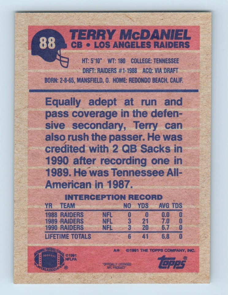 1991 Topps Terry McDaniel Los Angeles Raiders #88 | eBay