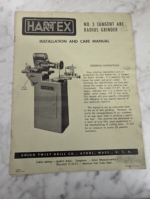 HARTEX TANGENT ARC RADIUS GRINDER INSTALLATION CARE MANUAL MACHINE TOOL ...