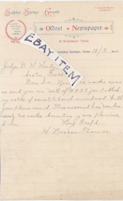 1900 letterhead SULPHUR SPRINGS GAZETTE TEXAS Oldest Newspaper H ...