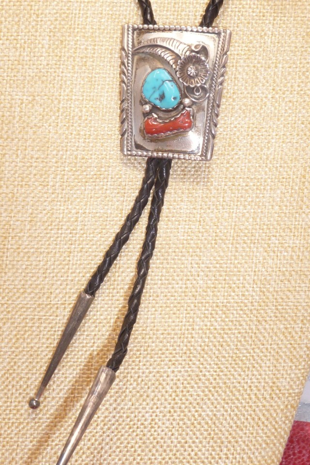 Dan Simplicio ? (1917-1969) Zuni Coral Turquoise Bolo Tie Sterling ...