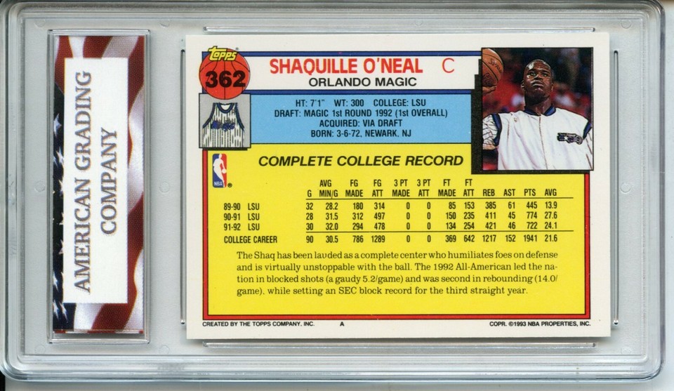 1992 Topps #362 Shaquille O'Neal Shaq Rookie Card AGC 10 Gem Mint ...