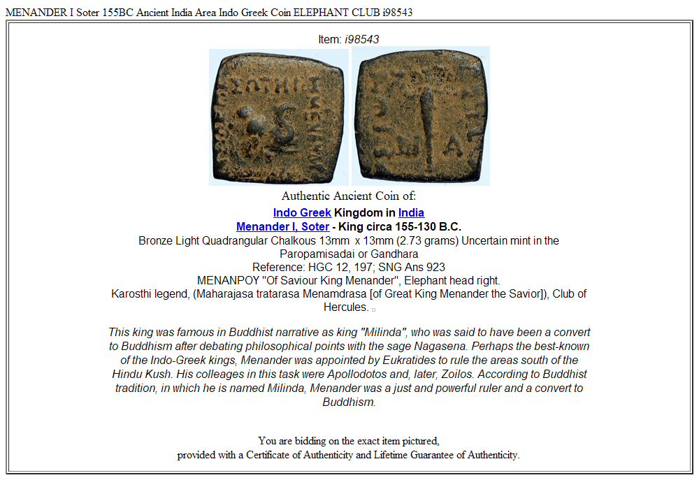 MENANDER I Soter 155BC Ancient India Area Indo Greek Coin ELEPHANT CLUB ...